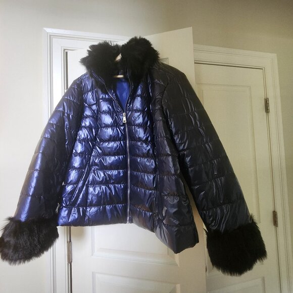VENUS | Jackets & Coats | Venus Metallic Navy Furlined Puffer Coat Size ...